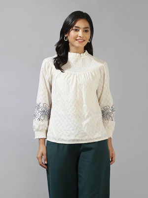 Buy Fabindia Fabnu Offwhite Cotton Woven Top Online