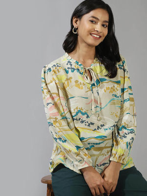 Buy Fabindia Fabnu Offwhite Viscose Printed Top Online