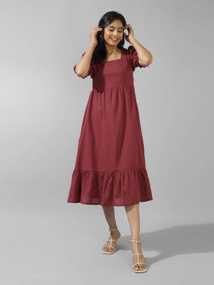 Buy Fabindia Fabnu Wine Cotton Woven Midi Dress Online