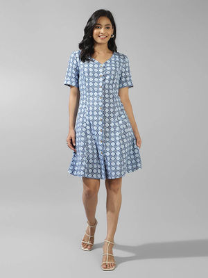 Buy Fabindia Fabnu Blue Cotton Linen Printed Knee Length Dress Online