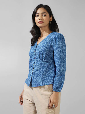 Buy Fabindia Fabnu Blue Cotton Printed Top Online