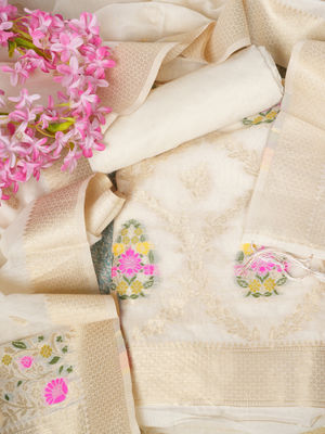 Buy MUFFLY Cream Banarasi Patola Silk Unstitched Dress Material (Set of ...