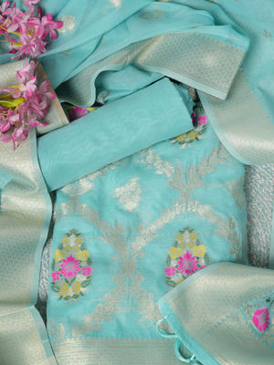 Buy MUFFLY Blue Banarasi Patola Silk Unstitched Dress Material (Set of ...