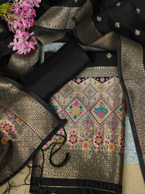 Buy MUFFLY Black Banarasi Patola Silk Unstitched Dress Material (Set of ...