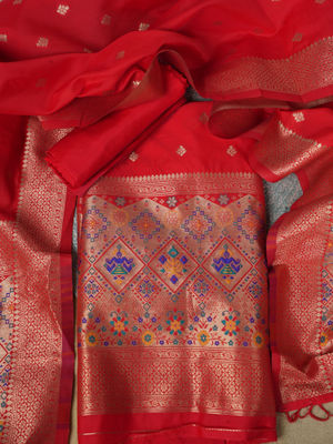 Buy MUFFLY Red Banarasi Patola Silk Unstitched Dress Material (Set of 3 ...