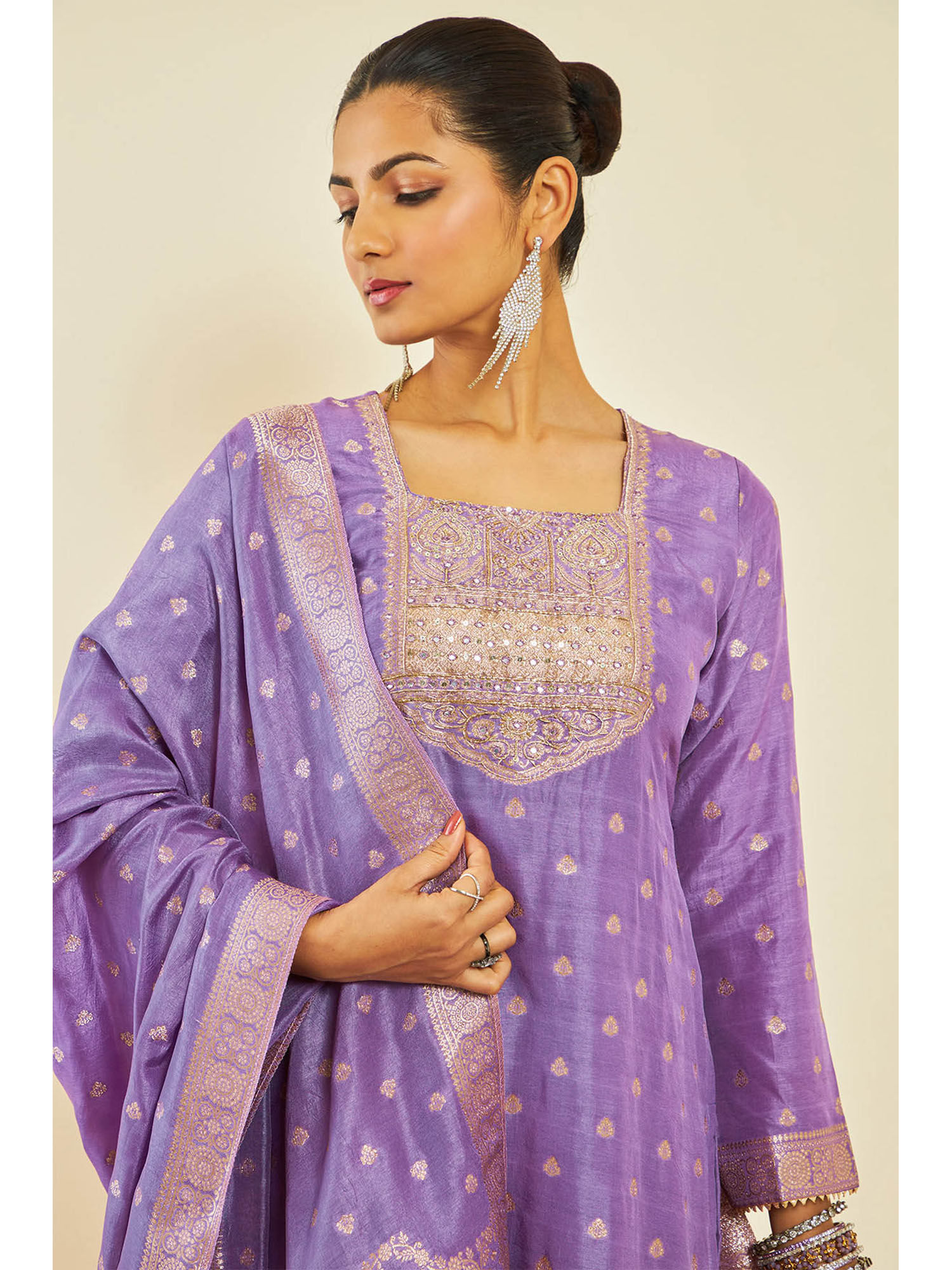 Buy Soch Purple Silk Unstitched Dress Material with Zari Woven Designs and Hand Embroidery Set of 3 Online