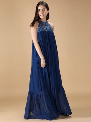 Buy HANDME Sizzling Halter Georgette Chikankari Navy Blue Dress Online