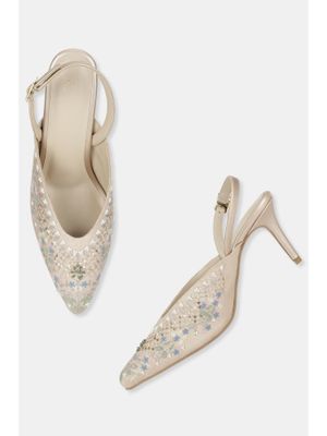 Buy W Embroidered Beige Pointed Toe Stiletto Heels Online