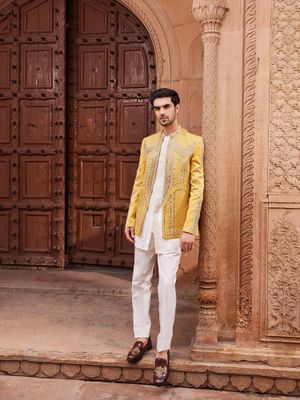Buy CONTRAST BY PARTH Yellow Seerat Jacket with Kurta and Pant (Set of ...