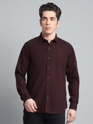 Buy Monte Carlo Mens Solid Maroon Collar Neck Full Sleeve Shirt (S) Online