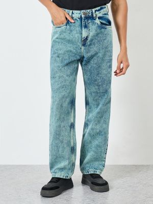 Buy Styli Men Oversized Fit Faded Icy Blue Wash Jeans (30) Online