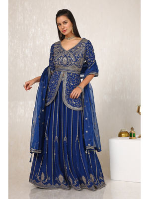 Buy Soch Blue Georgette Embroidered Ghagra Top with Dupatta and Belt ...
