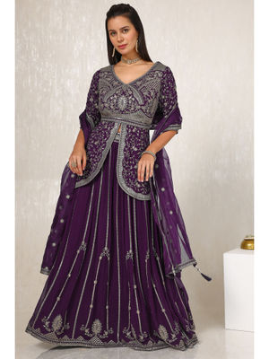 Buy Soch Wine Georgette Embroidered Ghagra Top with Dupatta and Belt ...
