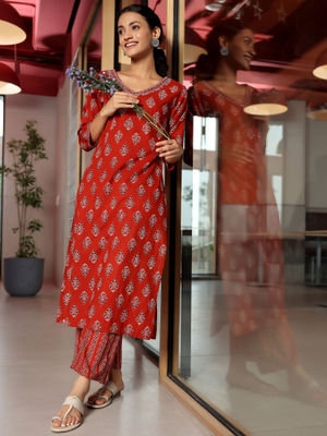 Buy Libas Women Rust Printed Kurta with Palazzo (Set of 2) (XS) Online