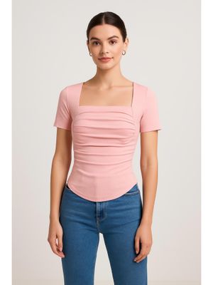 Buy Cider Pink Square Neck Ruched Short Sleeve Top (M) Online