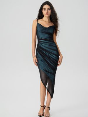 Buy Cider Mesh Cowl Neck Ruched Maxi Dress (M) Online