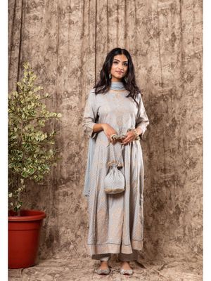 Buy Nehamta Grey German Rayon Anarkali Kurta & Pant & Dupatta & Fancy ...