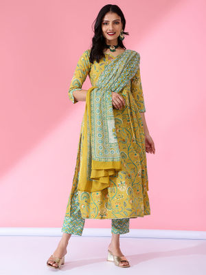 Buy Bani Women Nyra Cut Yellow Kurta Dupatta Suits (Set of 3) Online