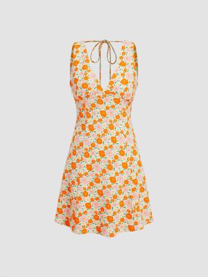 Buy Cider Miami Sunset Vacation V-Neck Floral Sleeveless Mini Dress Online