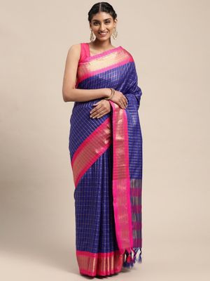 Buy Vastranand Blue & Pink Checked Pure Silk Gadwal Saree with ...