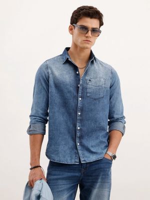 Buy WROGN Men Slim Fit Faded Denim Light Blue Shirt (S) Online