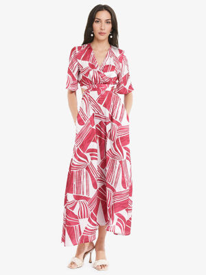 Buy RAREISM Red & White Colima Flared Midi Dress (XXS) Online