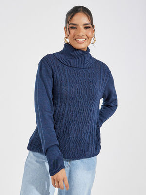 Buy Styli Women Navy Blue Long Length Regular Fit Turtle Neck Sweater ...