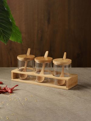 Buy The Decor Mart Glass Triple Condiment Jar And Spoon With Wooden ...