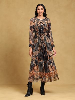 Buy Label Ritu Kumar Black Floral Print Long Dress with Inner (Set of 2 ...