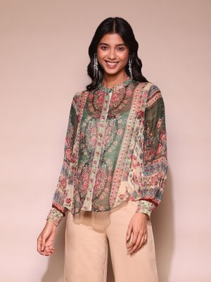 Buy Label Ritu Kumar Green Floral Print Shirt with Inner (Set of 2) Online