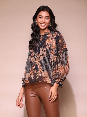 Buy Label Ritu Kumar Black Floral Print Top Online