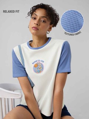 Buy The Souled Store Blue Embroidered Relaxed Fit T-Shirt (L) Online