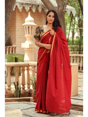 Buy Mayurie Maroon Solid Mul Saree with Kalamkari Unstitched Blouse Online
