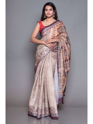 Zari Jaipur Printed Saree : Buy Zari Jaipur Brown Digital Print Tussar ...