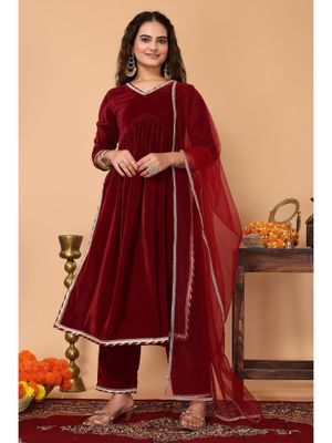 Buy Gahan Festive Velvet Alia Cut Gathered Maroon Kurta Pant & Net ...