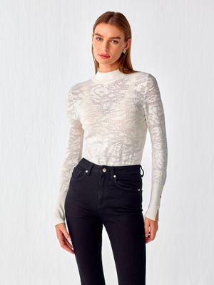 Buy COVER STORY White Floral Turtle Neck Sweater Online