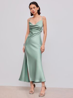 Buy Cider Satin Cowl Neck Solid Ruched Criss Cross Split Midi Dress (L) Online
