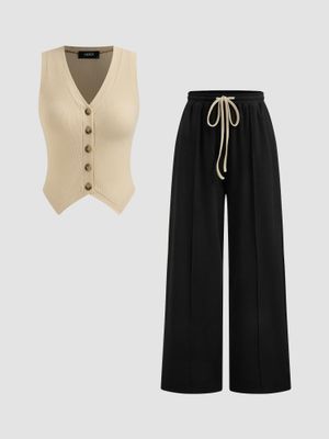 Buy Cider Cotton-Blend V-Neck Solid Button Vest & Mid Rise Knotted Trousers Online