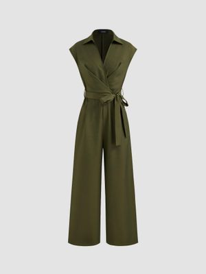 Buy Cider Collar Solid Pocket Wide Leg Jumpsuit with Belt Online