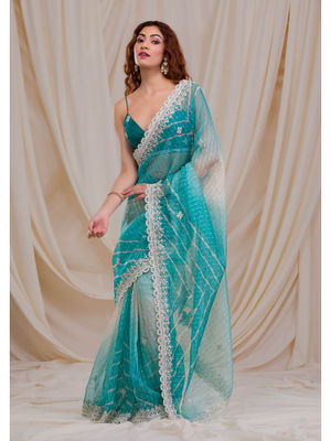 Buy Koskii Turquoise Embroidered Sequined Net Saree with Unstitched ...