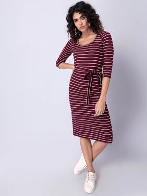 FabAlley Dresses : Buy FabAlley Maroon Striped Belted Knit Midi Dress ...