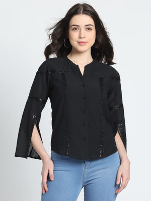Buy SHAYE Band Collar Black Solid Long Sleeves Party Shirt (XS) Online