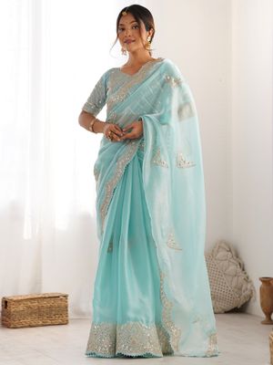 Buy SATRANI Blue Embellished Saree with Unstiched Blouse with ...