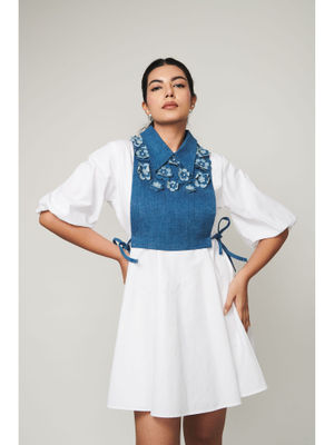 Buy Weaving Cult White Short Dress with Detachable Denim Panel (Set of ...