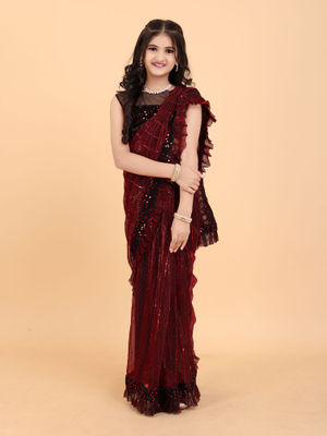 Buy Shrithi Fashion Fab Kid Girls Stylish Saree Maroon with Unstitched ...