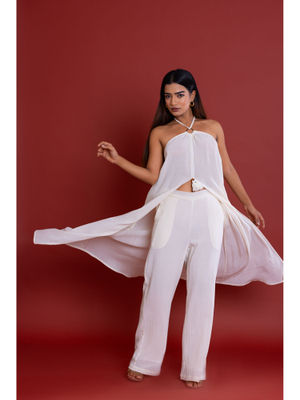 Buy LABEL REYYA Solid White Long Resort Co-Ord (Set of 2) Online