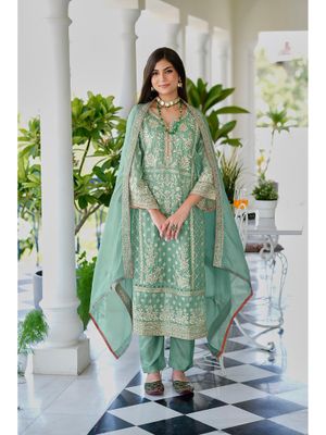 Buy Autumnlane Luna Fern Green Embroidered Kurta with Pant and Dupatta ...