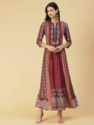 Buy FASHOR Ethnic Floral Printed & Embroidered A-line Maxi Dress ...