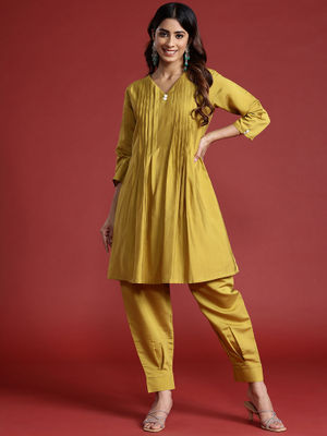 Buy Tikhi Imli Mustard Colour Chanderi Silk Fabric Pleated Tunic With ...