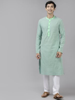 Buy See Designs Men Green & White Printed Pure Cotton Straight Kurta ...